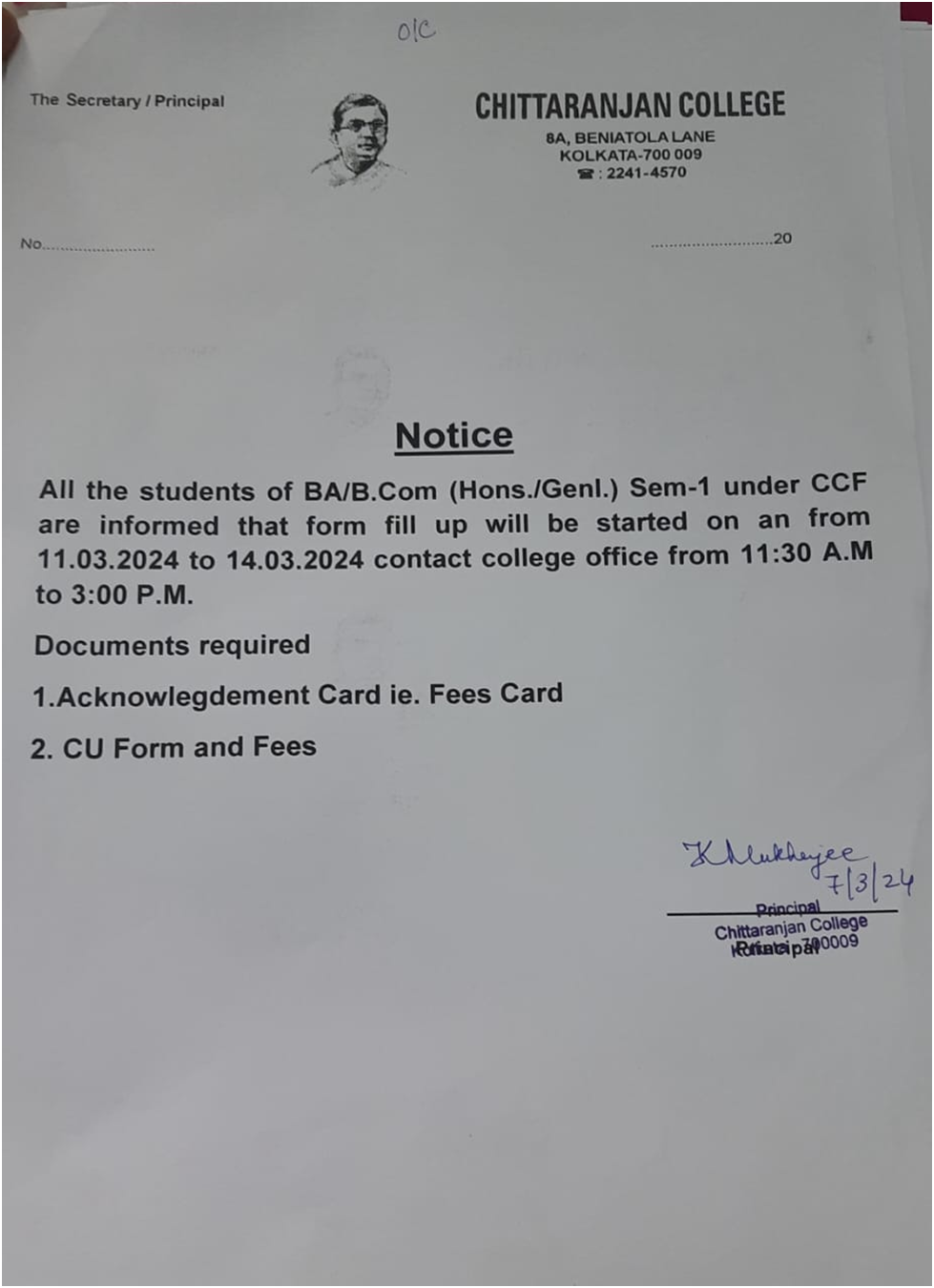 Notice for B.A/B.Com Sem 1 students Under CCF || Chittaranjan College || Calcutta University